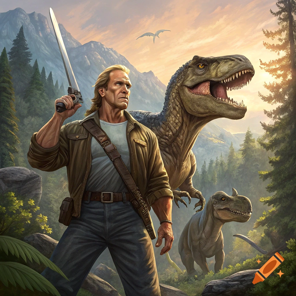 A man holding a sword stands with a large T-Rex and a small dinosaur in ...