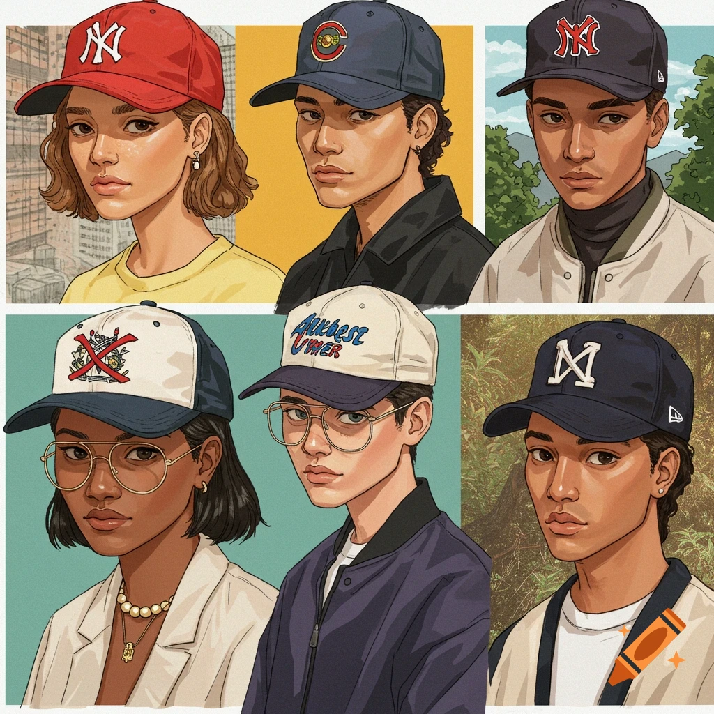 Six stylized portraits of young people wearing various baseball caps ...