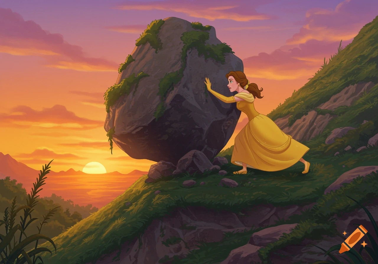 Princess Belle pushing boulder up hill digital art on Craiyon