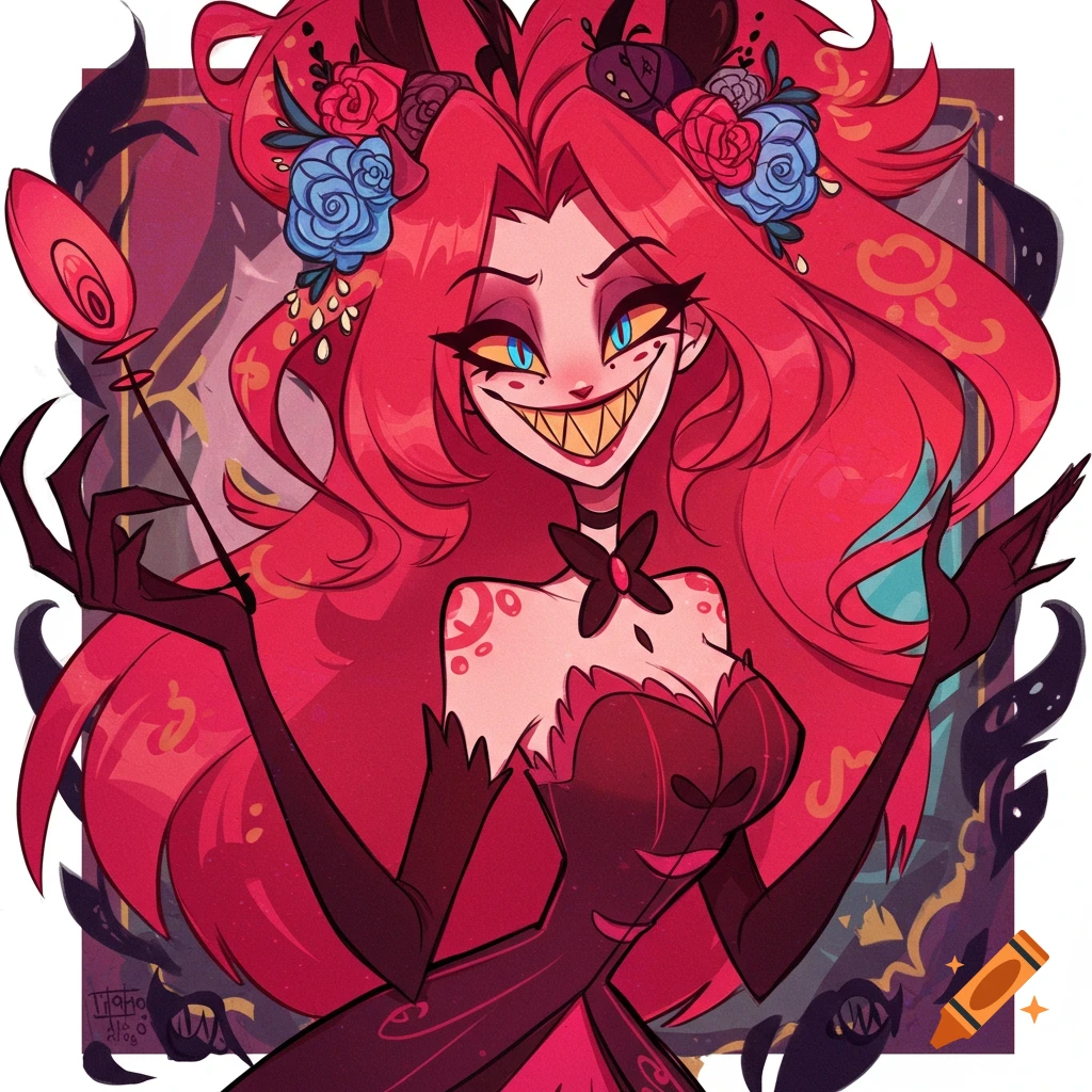 A stylized image of a character with long red hair, sharp teeth, and ...