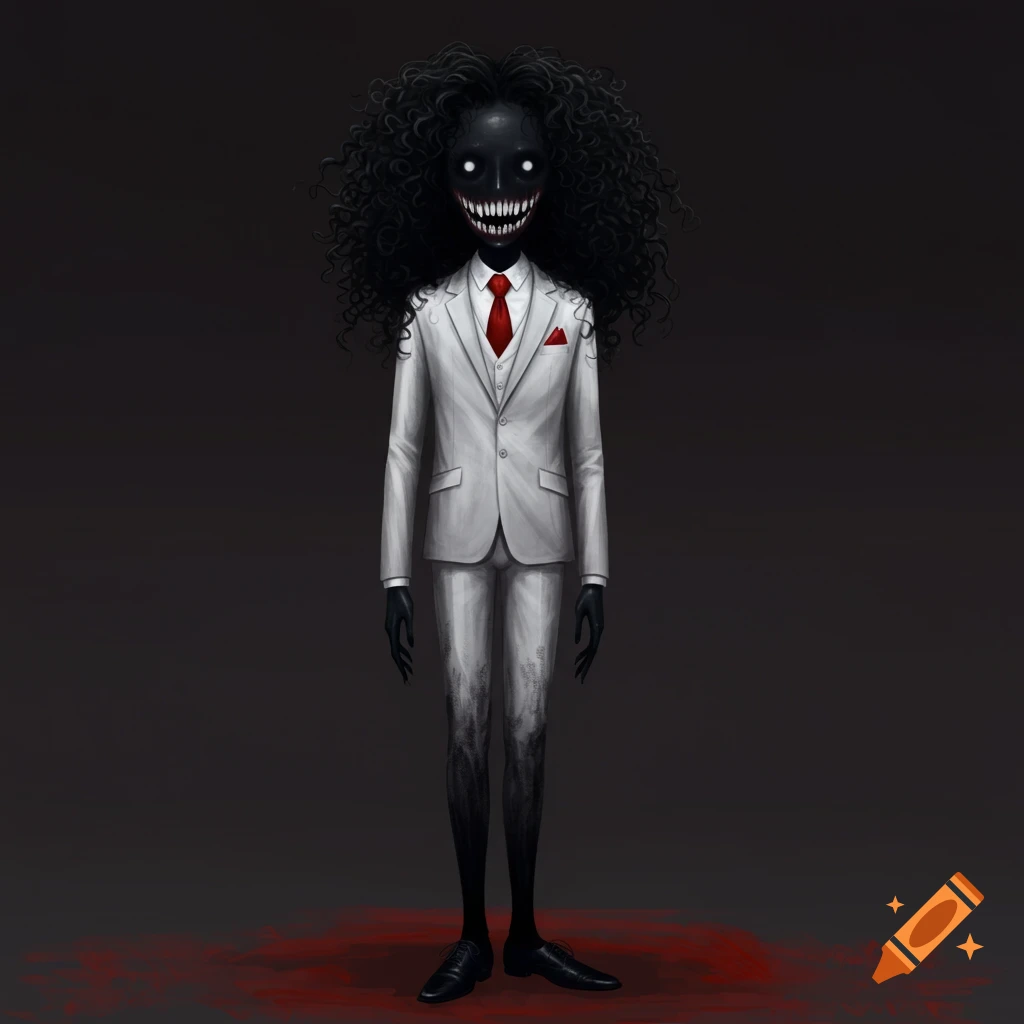 Tall humanoid shadow figure in white suit with wet curly hair on Craiyon