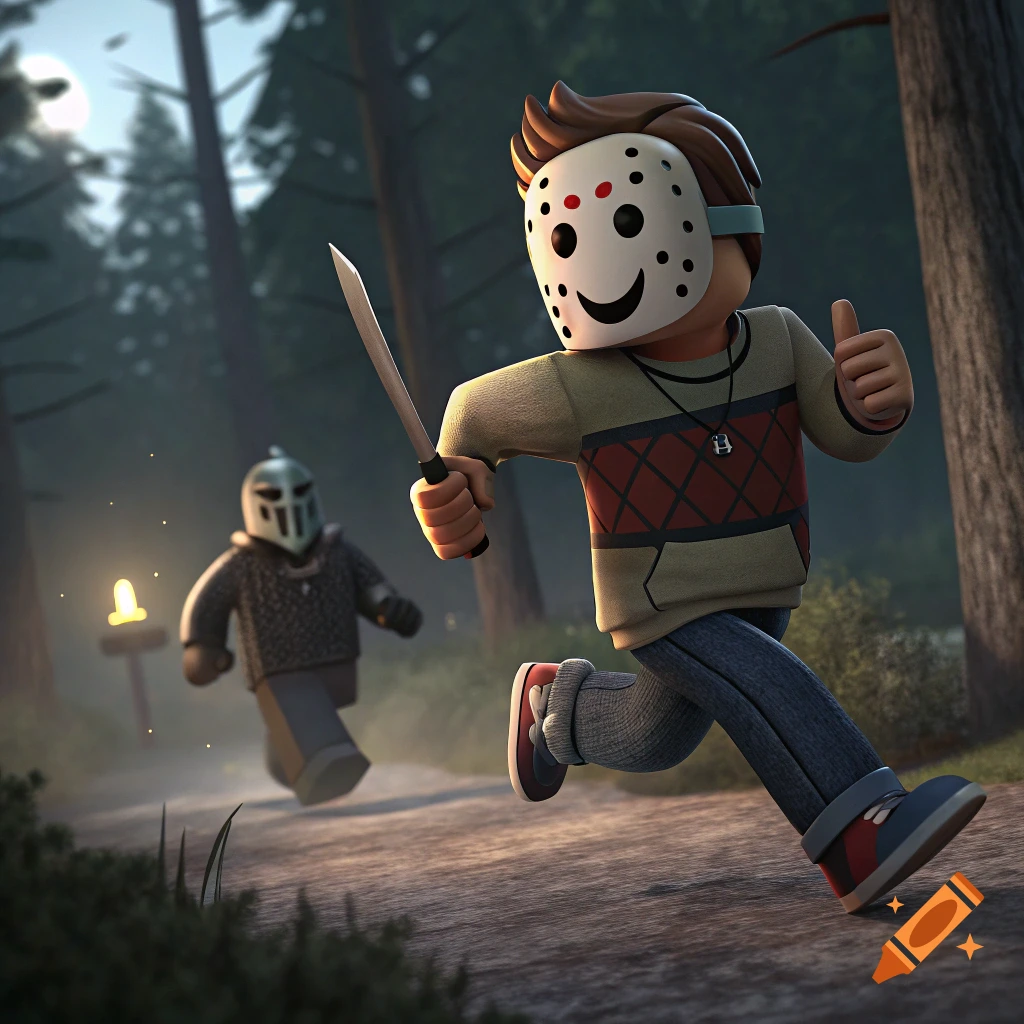 Roblox style character in Jason mask running and giving thumbs up while ...