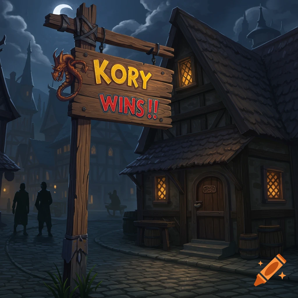 Medieval tavern sign post reading 'Kory wins!!' on Craiyon