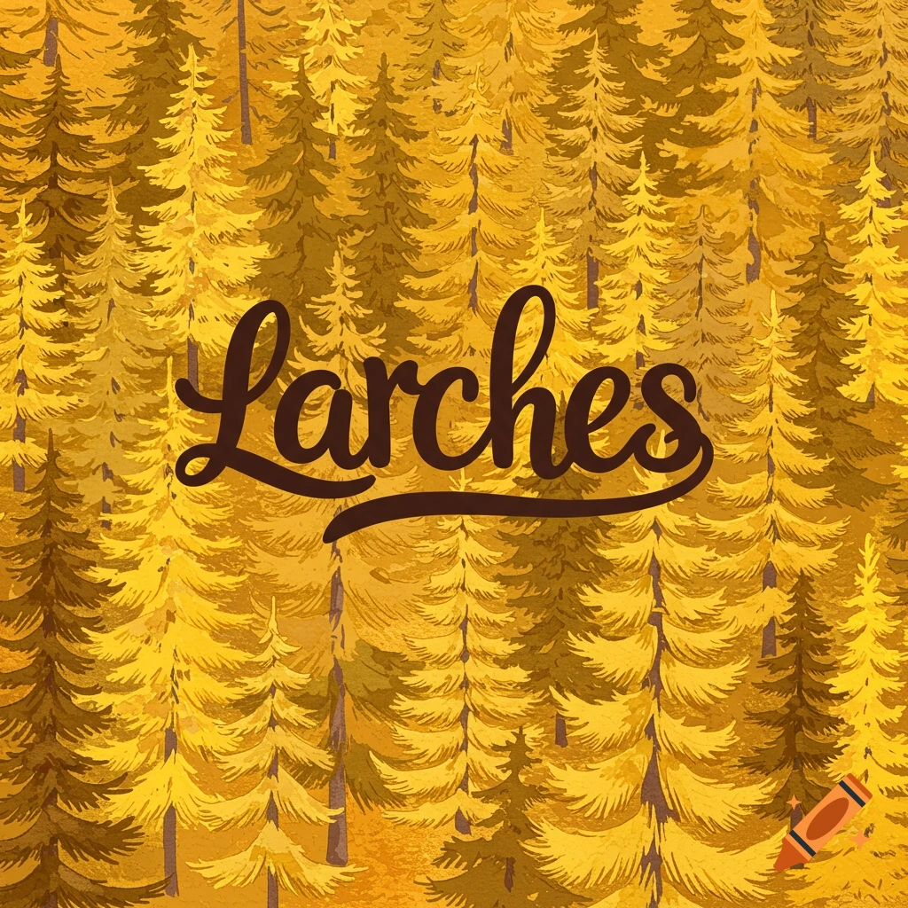 Hand-drawn cursive text surrounded by golden larch trees on Craiyon