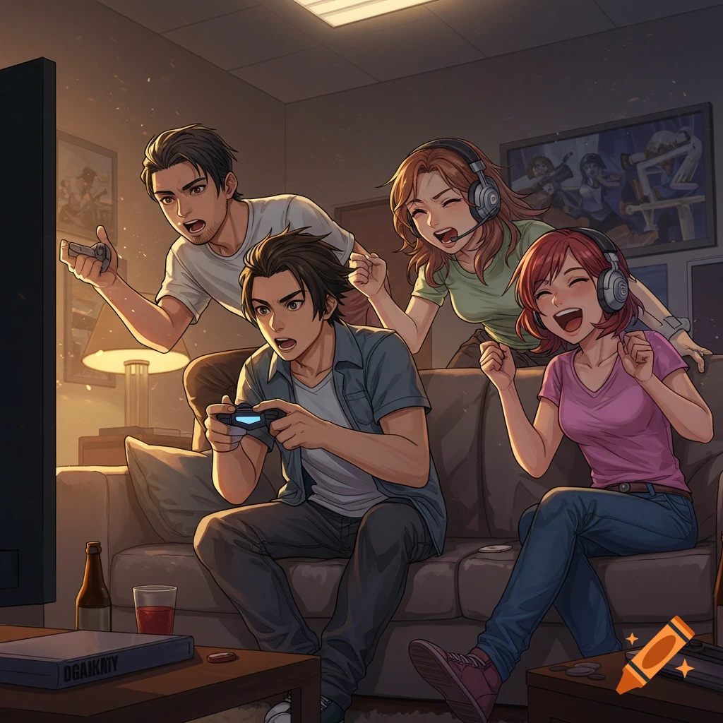 People wearing sombreros celebrate Cinco de Mayo by playing video games in a confetti-filled ...