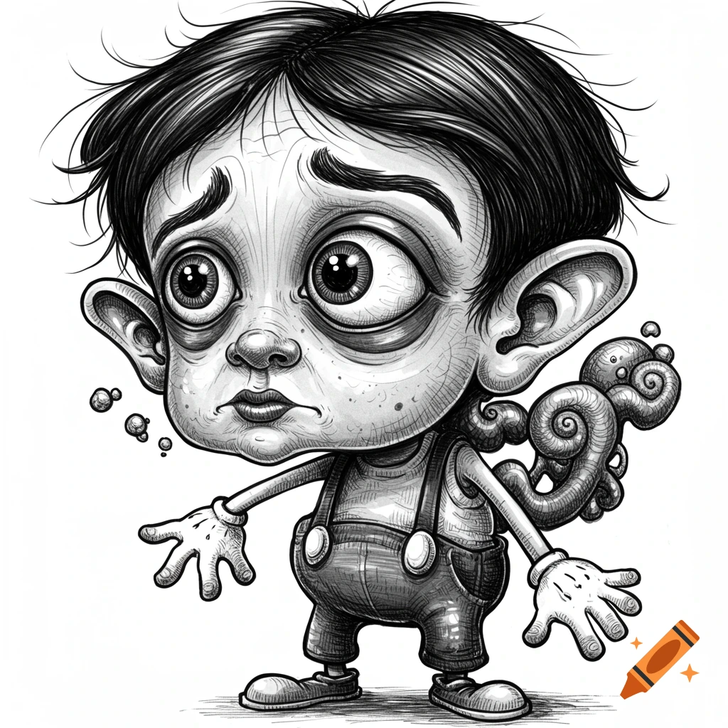 Hyper realistic surreal cartoon character in black and white on Craiyon