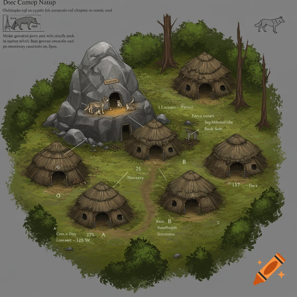 Illustration of a wolf camp layout in a forest clearing, showing dens ...