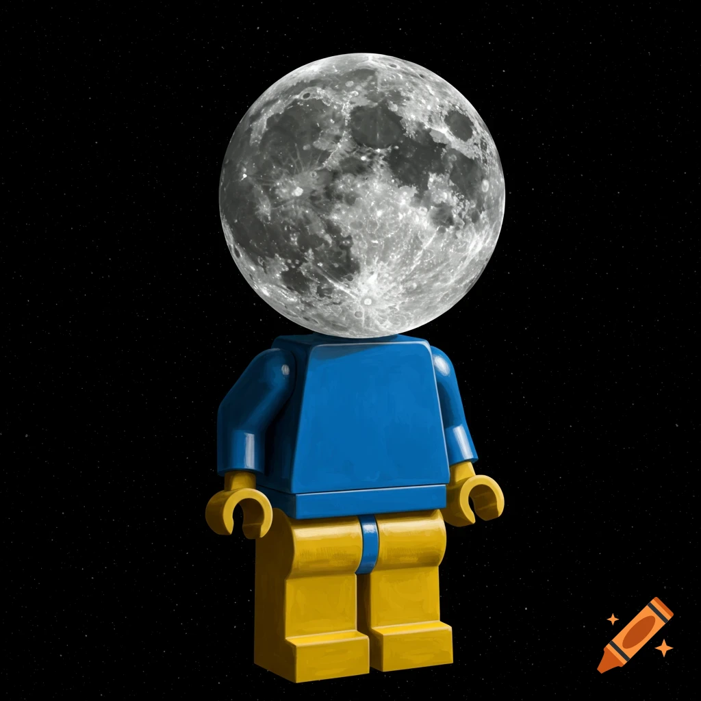 A blocky, pixelated figure with a full moon for a head stands in space ...