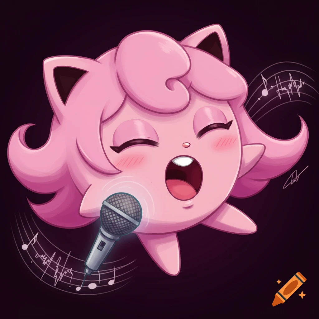 Pink Cartoon Character Inspired By Jigglypuff Singing Into A Microphone