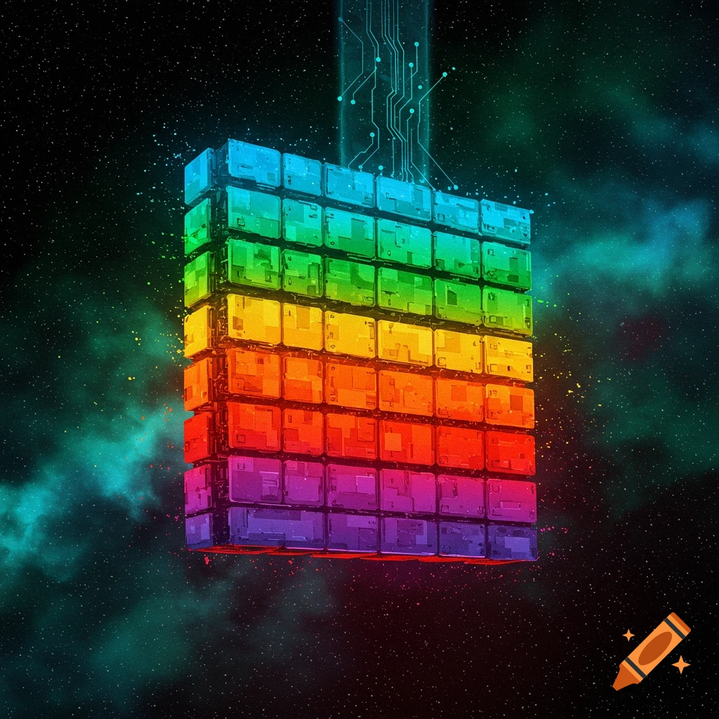A large, rainbow-colored cube structure in space with circuit patterns ...