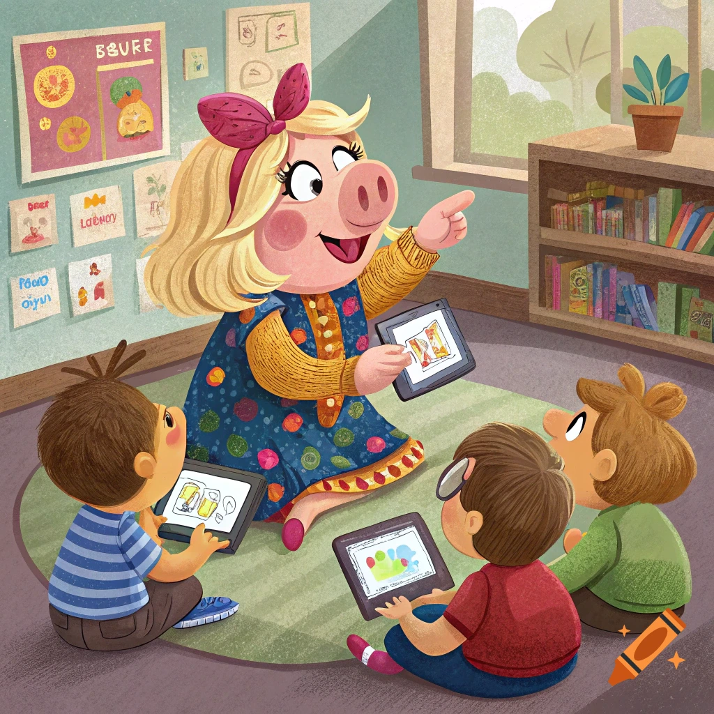 Cartoon pig in a pink raincoat fishes in a stream filled with colorful ...