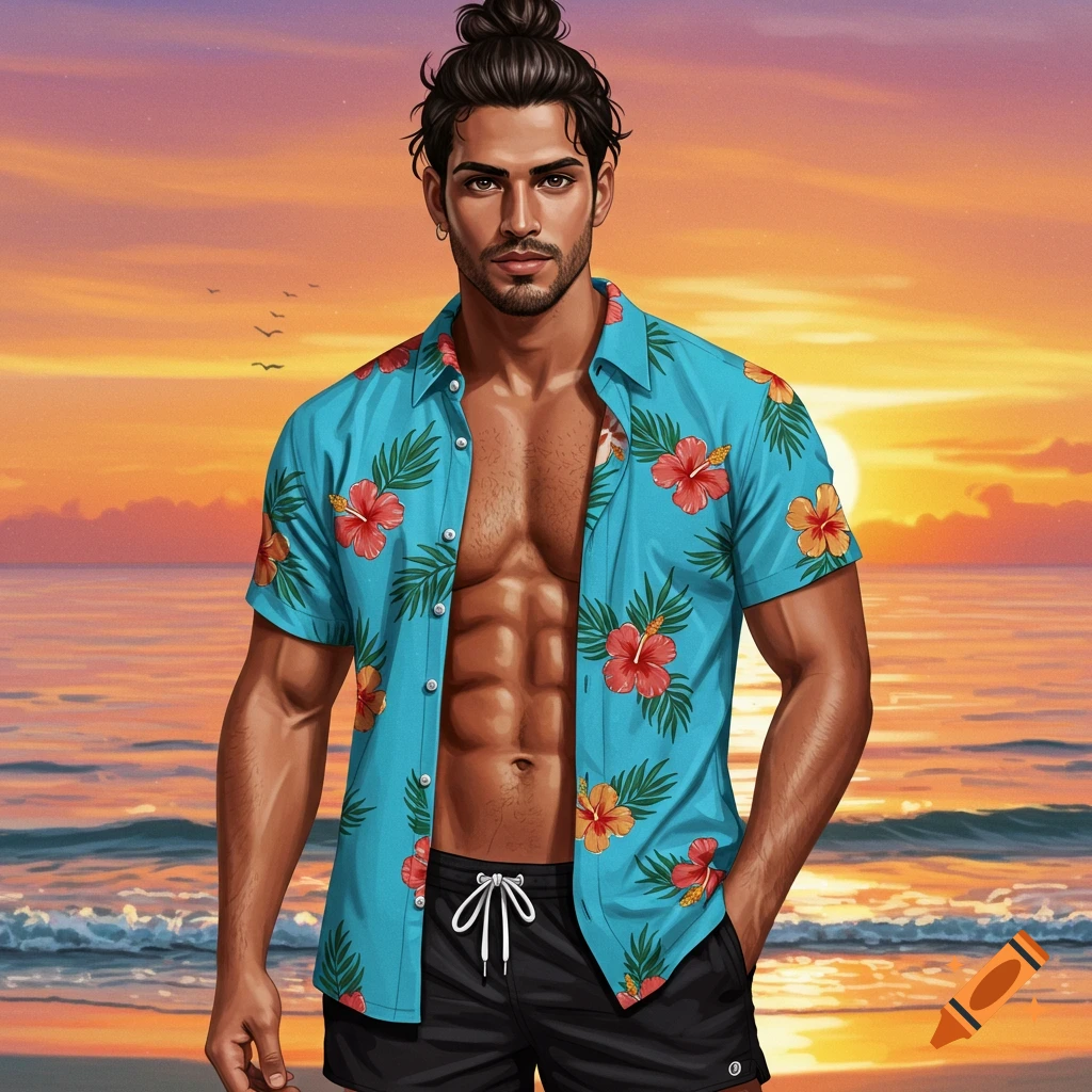 Lifeguard in Hawaiian shirt and black shorts with man bun on Craiyon