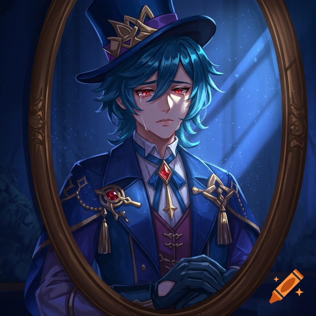 Lyney from Genshin Impact crying and staring at a mirror on Craiyon