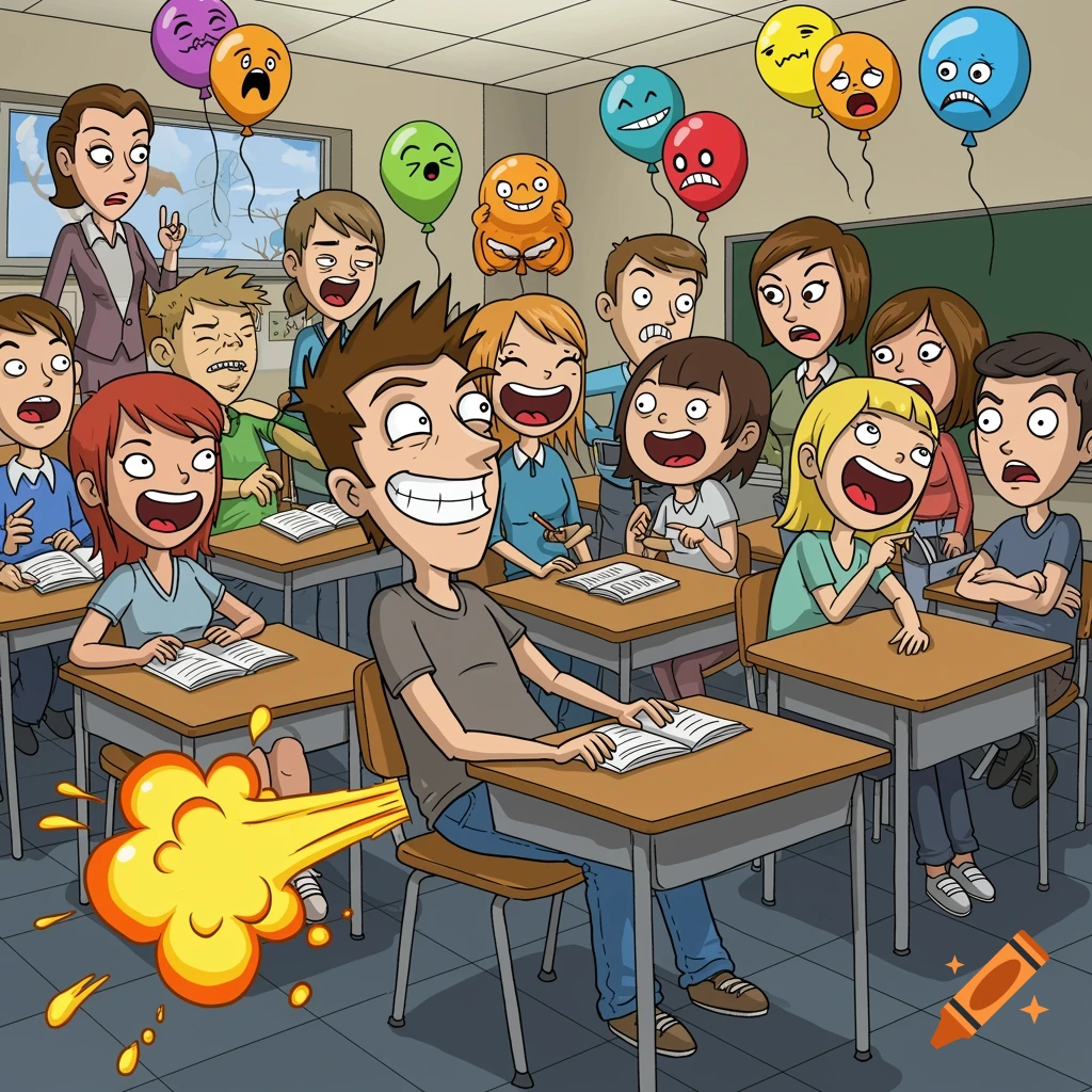 Cartoon classroom scene: a boy farts, students laugh, teacher looks shocked, balloons float with ...