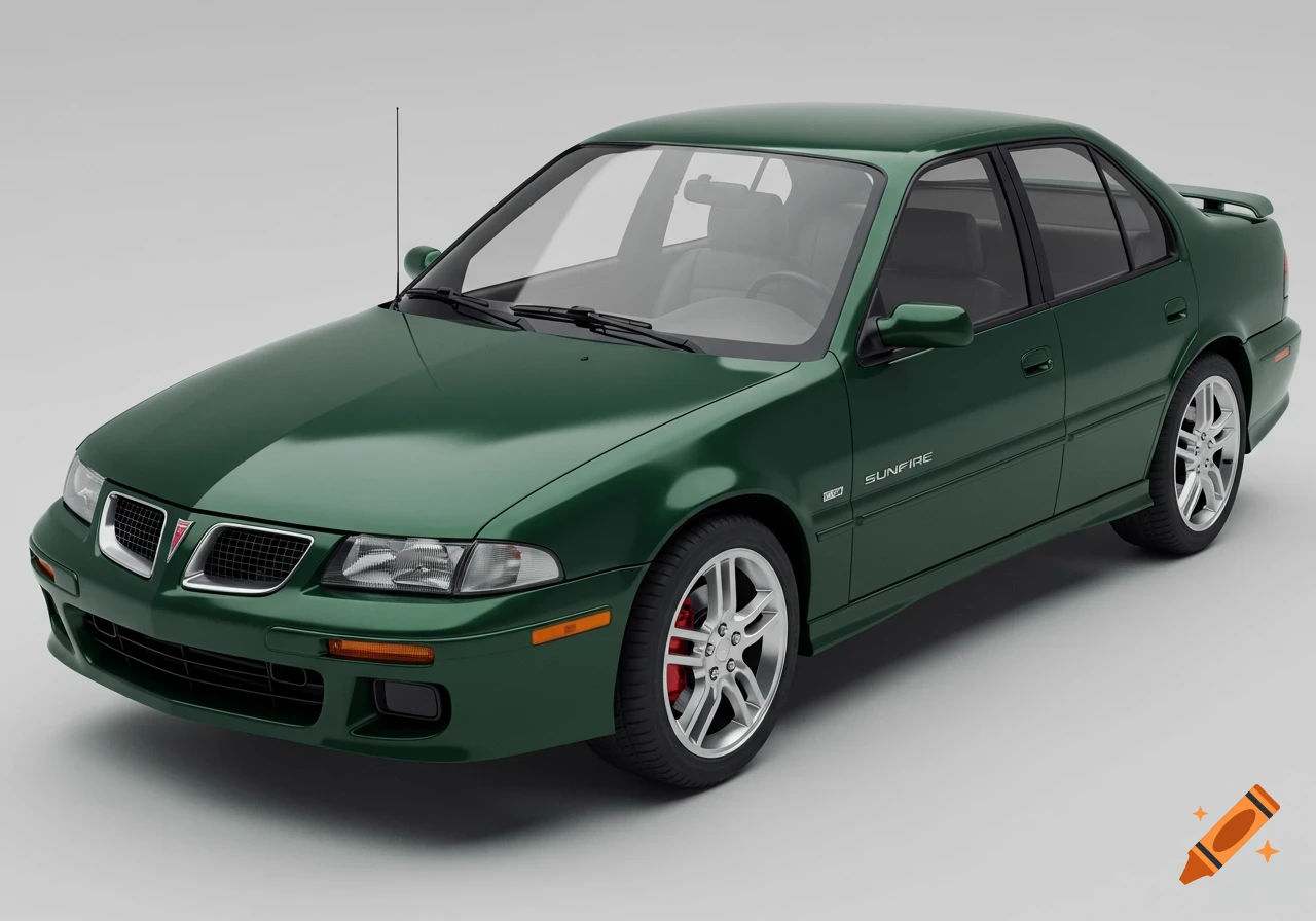 A dark green Pontiac Sunfire sedan photographed against a plain ...