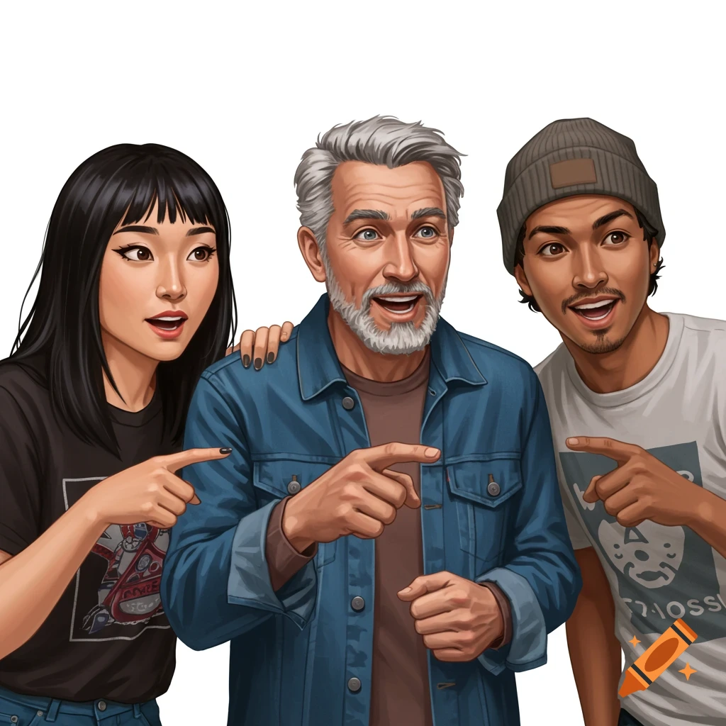 Friends pointing at something amazing on white background on Craiyon