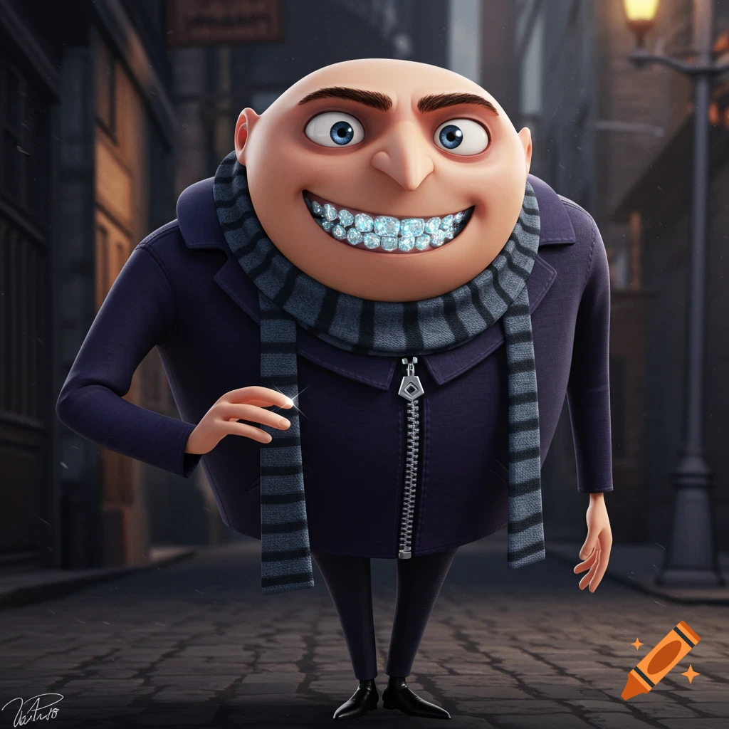 Gru from Despicable Me holds a photo of four children in a 3D animated ...