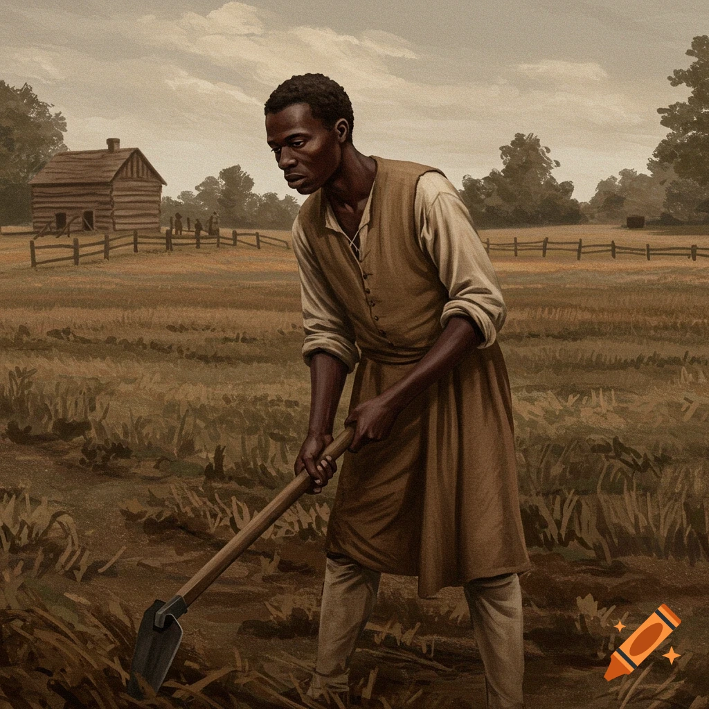 An enslaved man working a field with a hoe in a historical setting. on ...