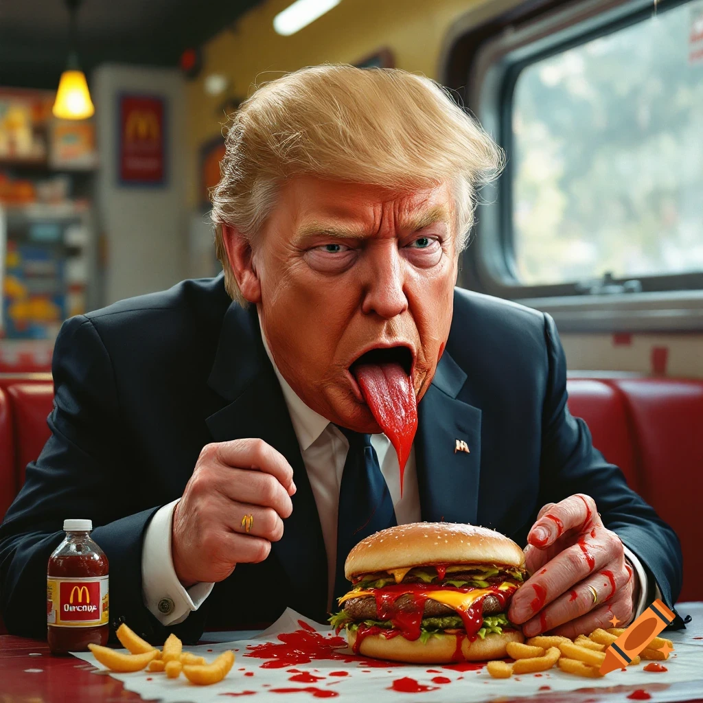 Donald Trump eating a Big Mac in a play place with a McDonald's wrapper ...