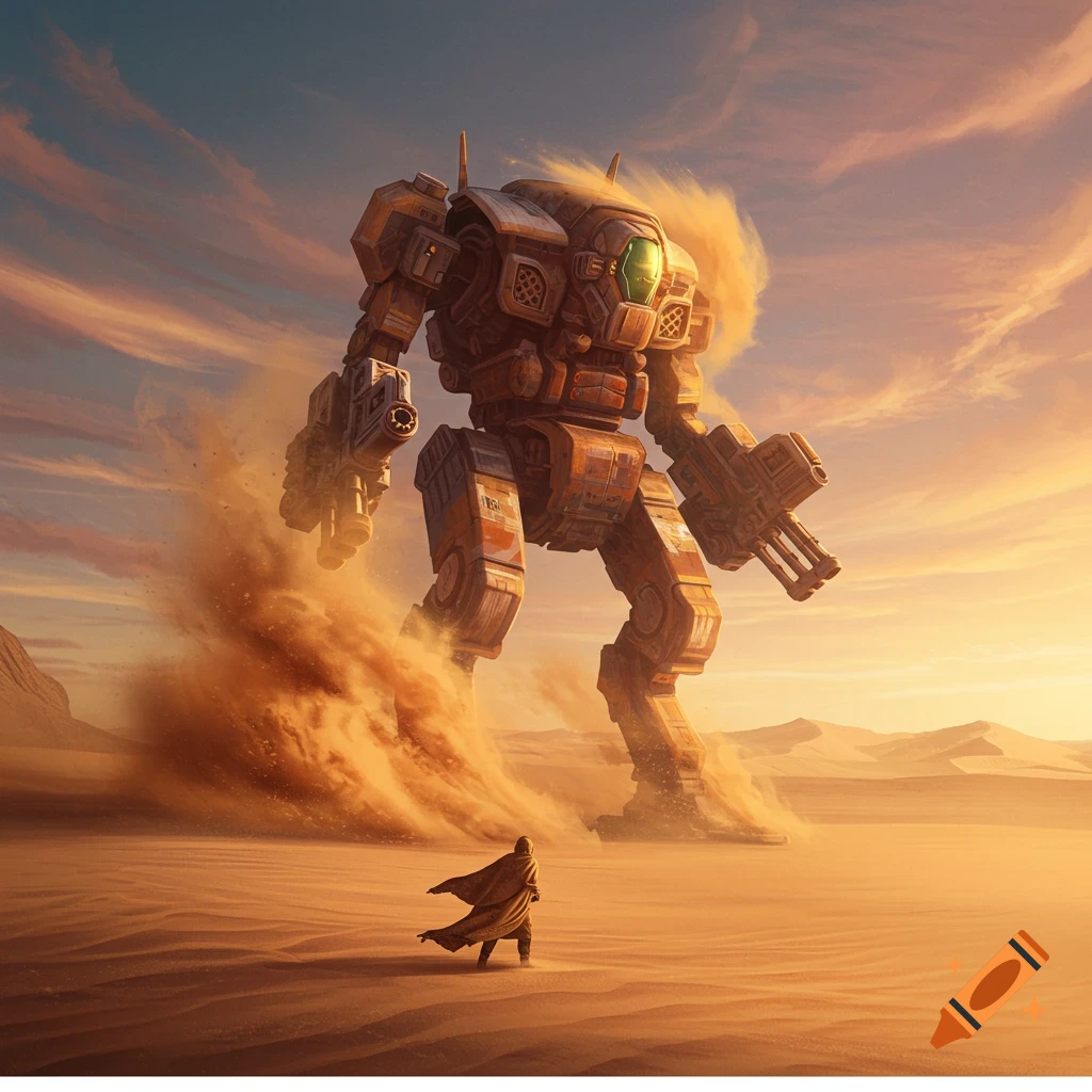 Desert mech with wind blowing on Craiyon