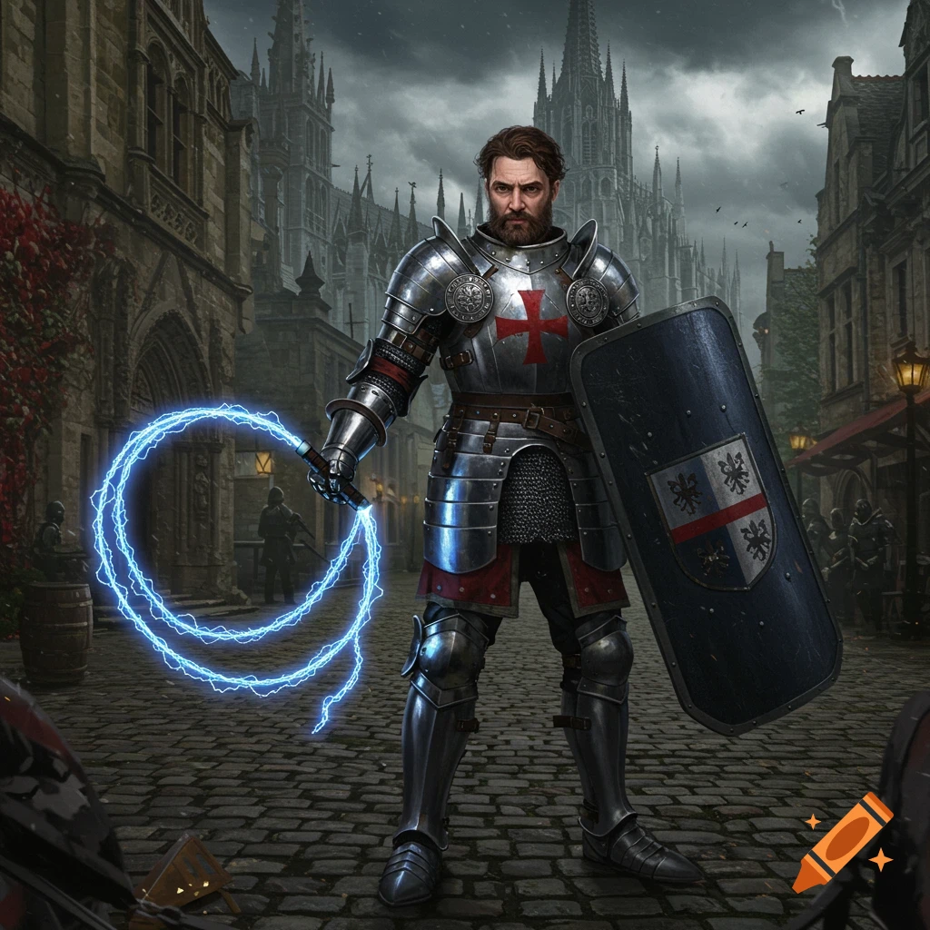 A knight in modern armor holding a glowing sword and a shield with a ...