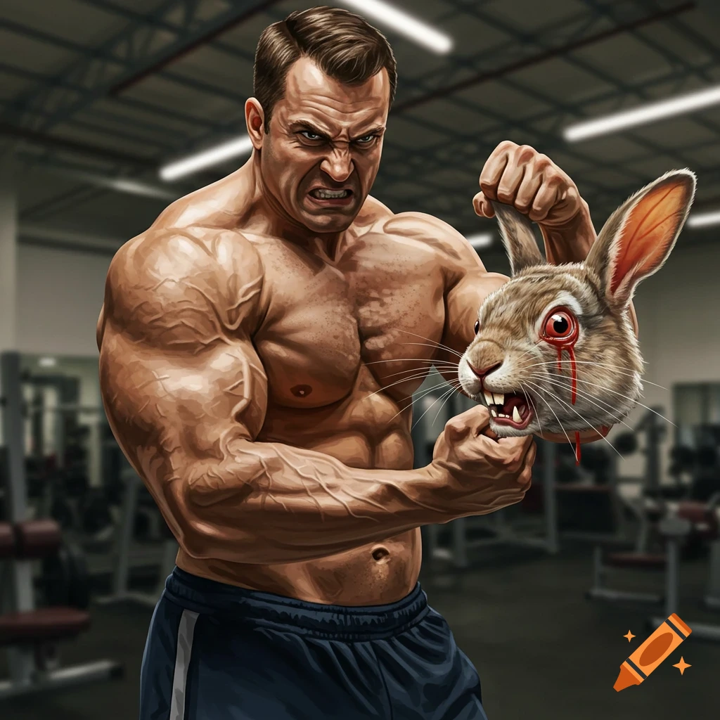 Heavily muscled man with rabbit head flexing on Craiyon