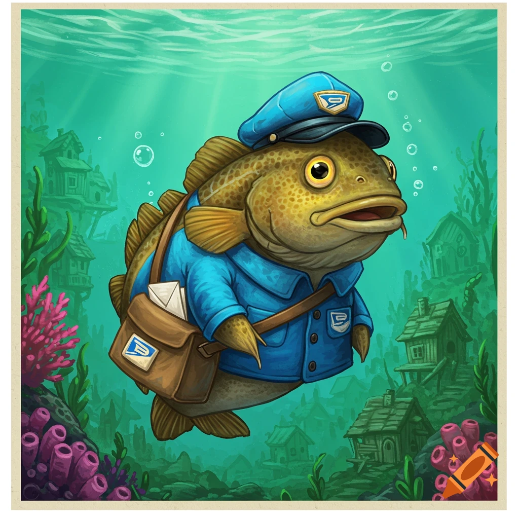 Cod fish dressed as a postal worker on Craiyon