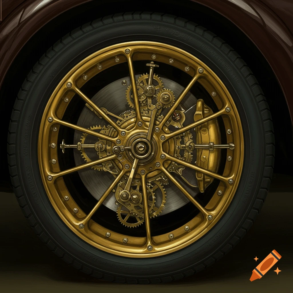 A car wheel with gold steampunk gears inside the rim on Craiyon