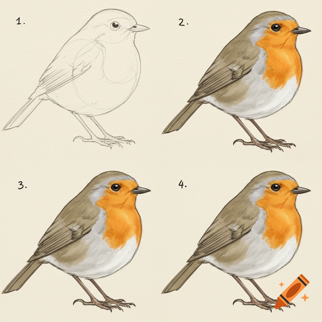 Step-by-step drawing tutorial of a robin bird. on Craiyon
