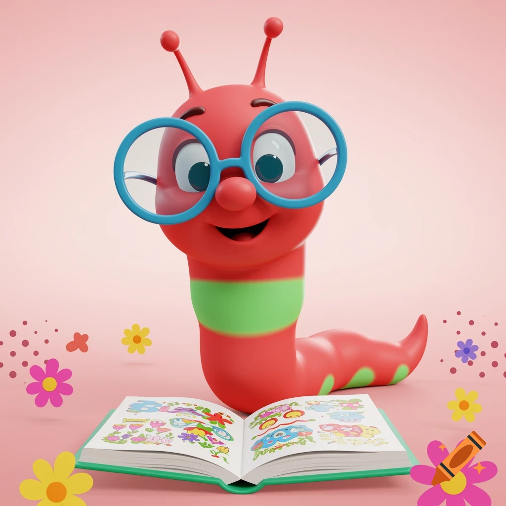 A red cartoon worm with glasses reads a book surrounded by flowers in a ...