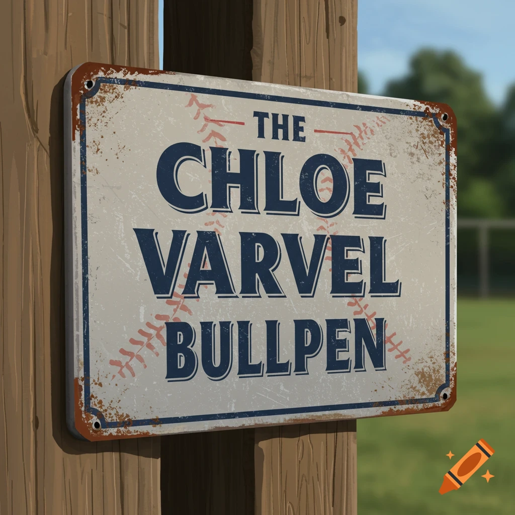 The Chloe Varvel Bullpen aluminum sign in sports font on Craiyon