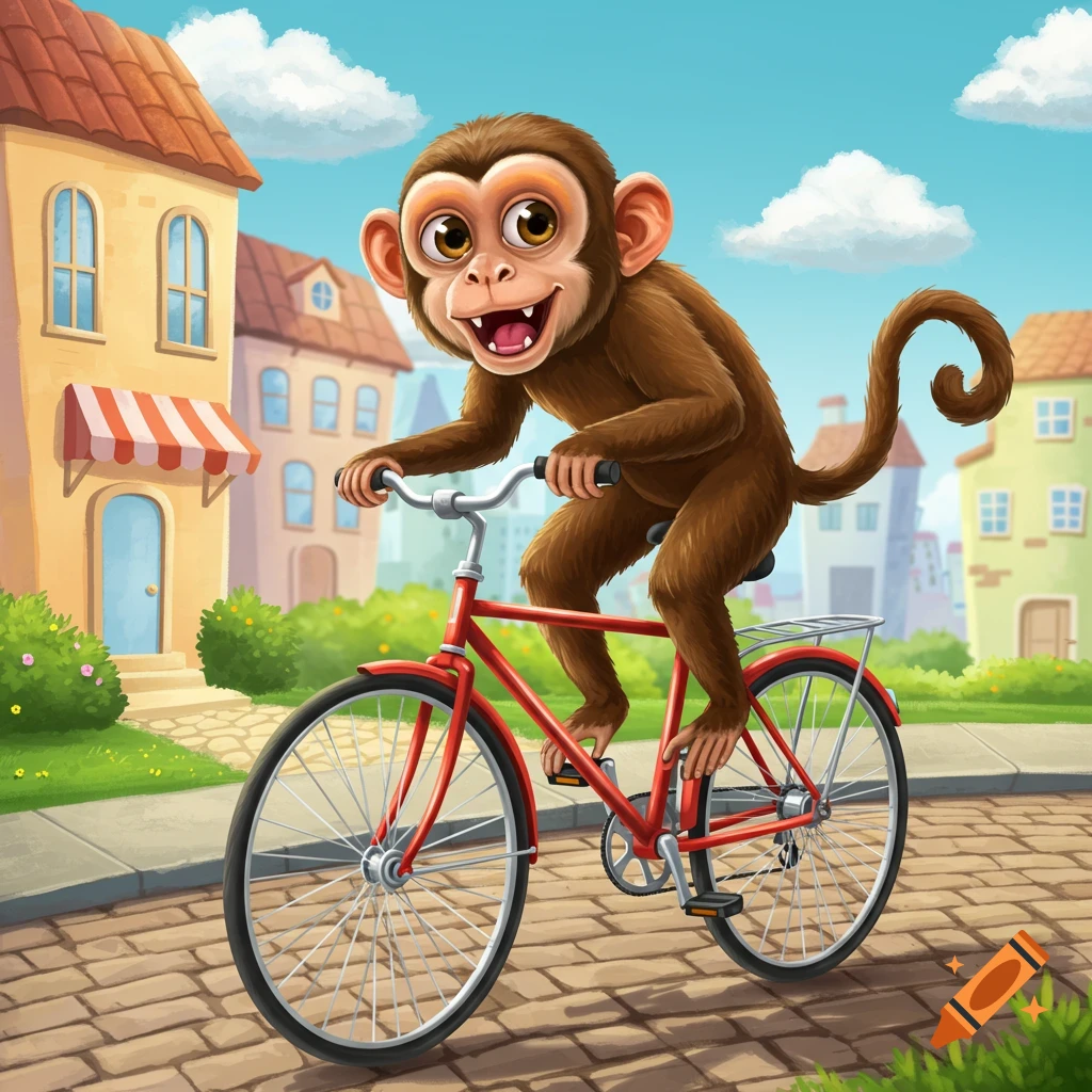 Cartoon monkey riding a red bicycle on a cobblestone street. on Craiyon