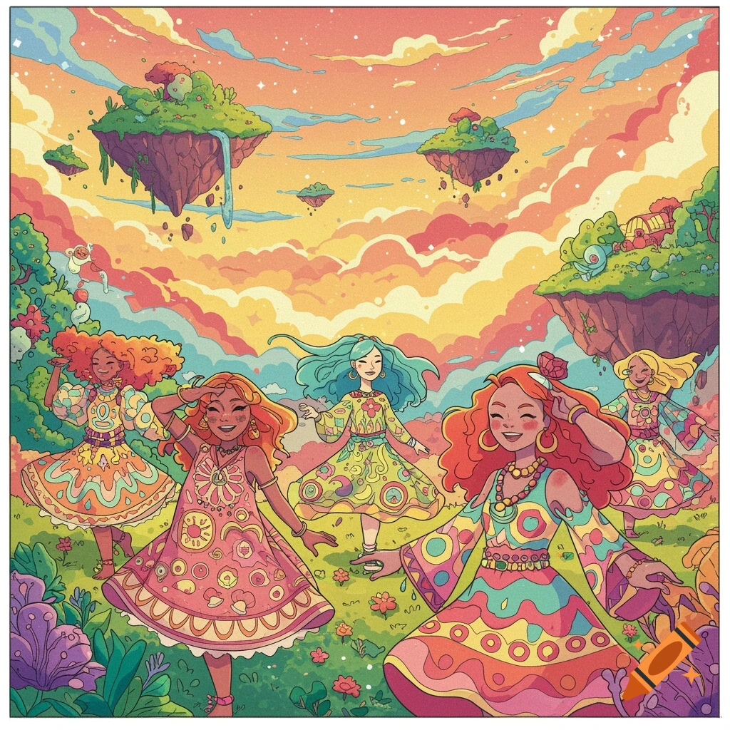 Joyful women dance in a vibrant, illustrated fantasy landscape with ...