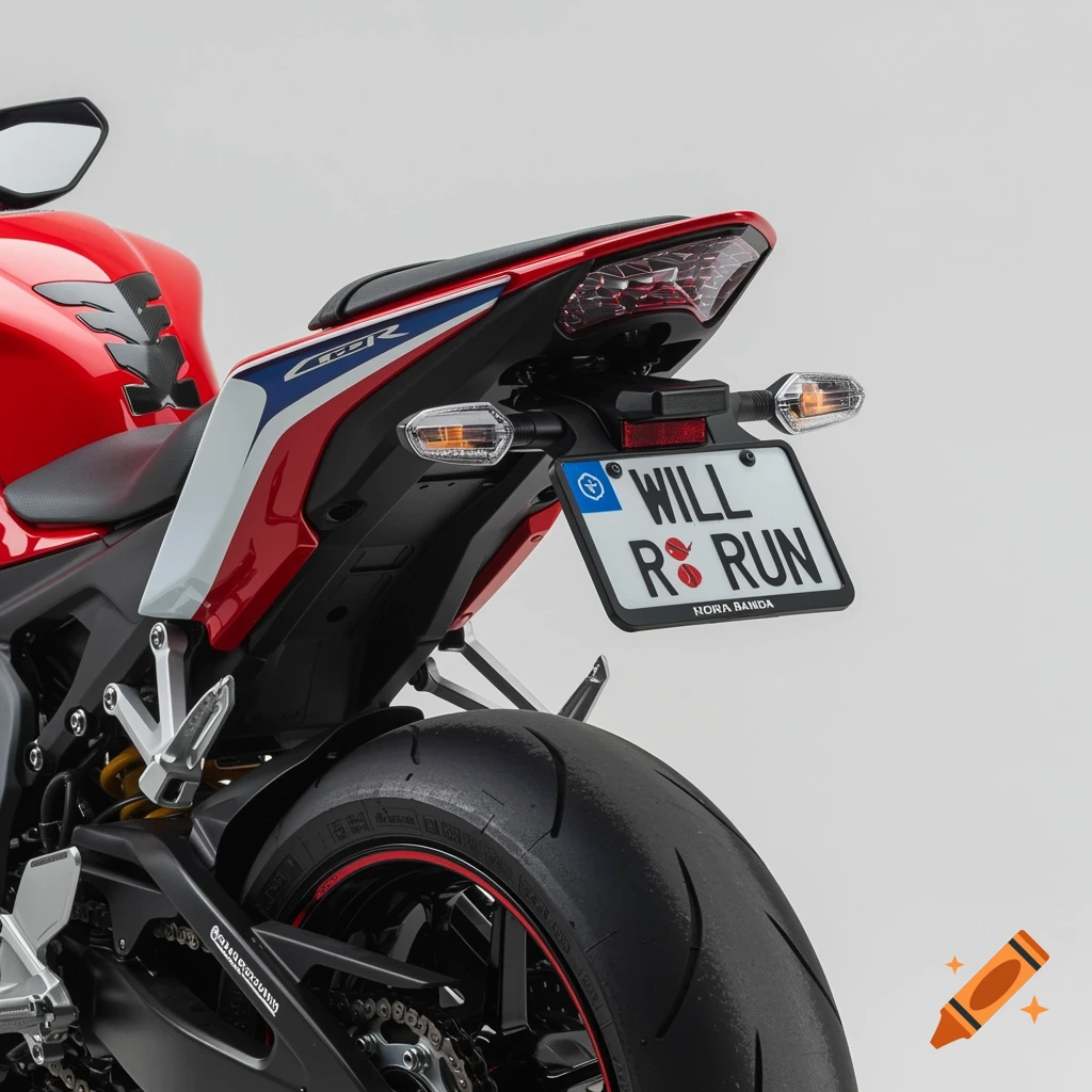 Photorealistic shot of a red and white Honda CBR motorcycle rear with ...
