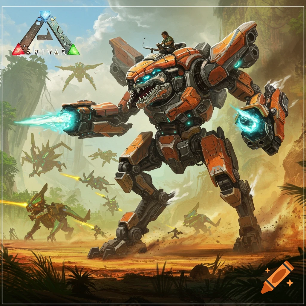A large orange battle mech fights smaller mechs in a jungle scene on ...