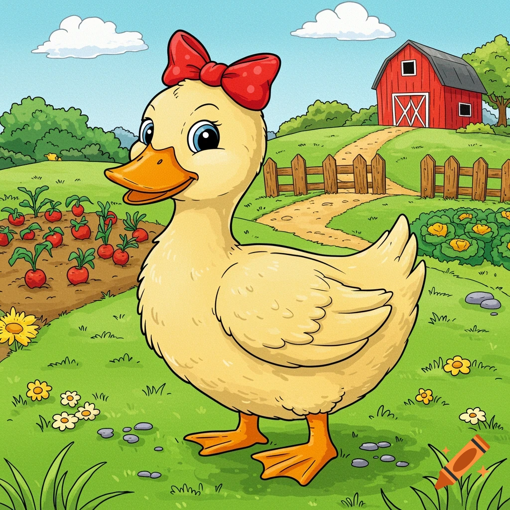 Duck with a bow in a farm coloring book on Craiyon