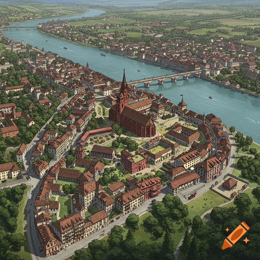 Bird's-eye view of Roman-era Basel, Switzerland on the Rhine River on ...