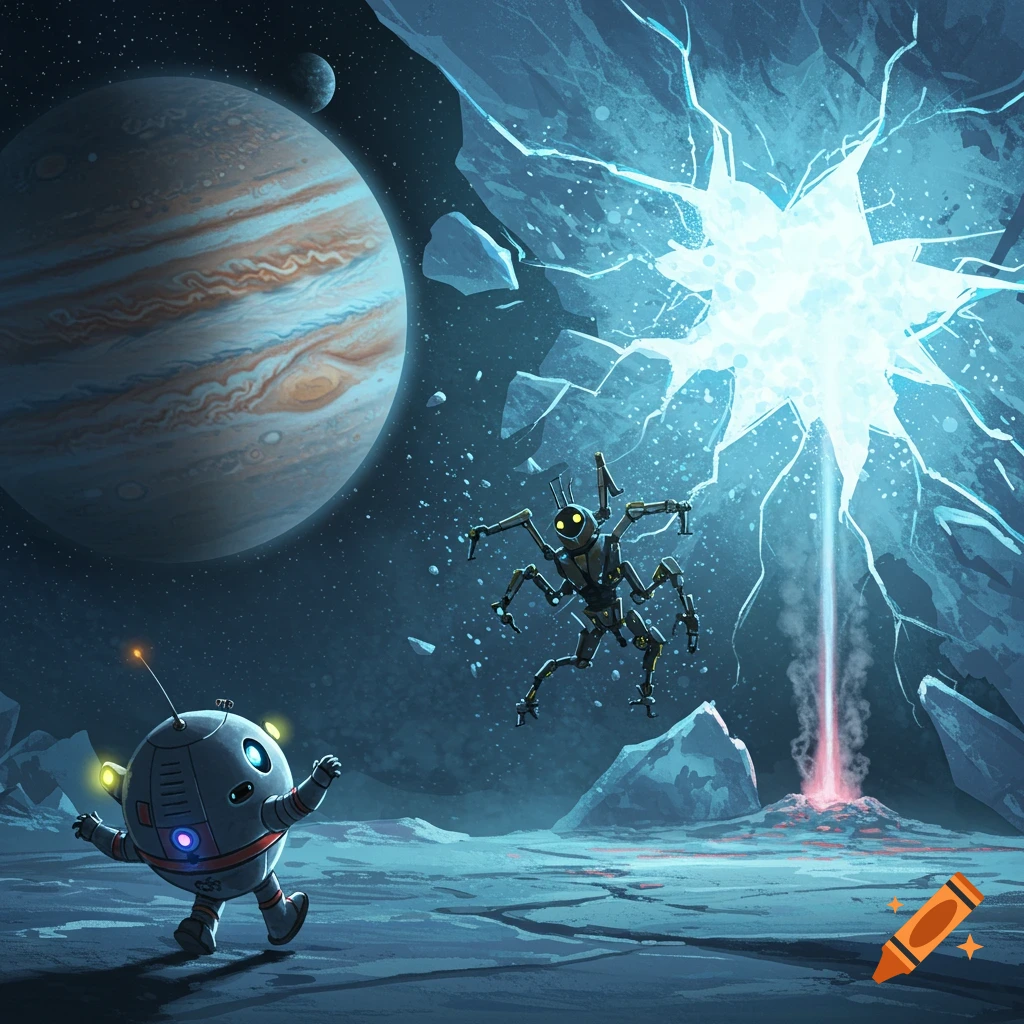 Orris and Kelpo falling into ice crack on alien landscape near Jupiter ...