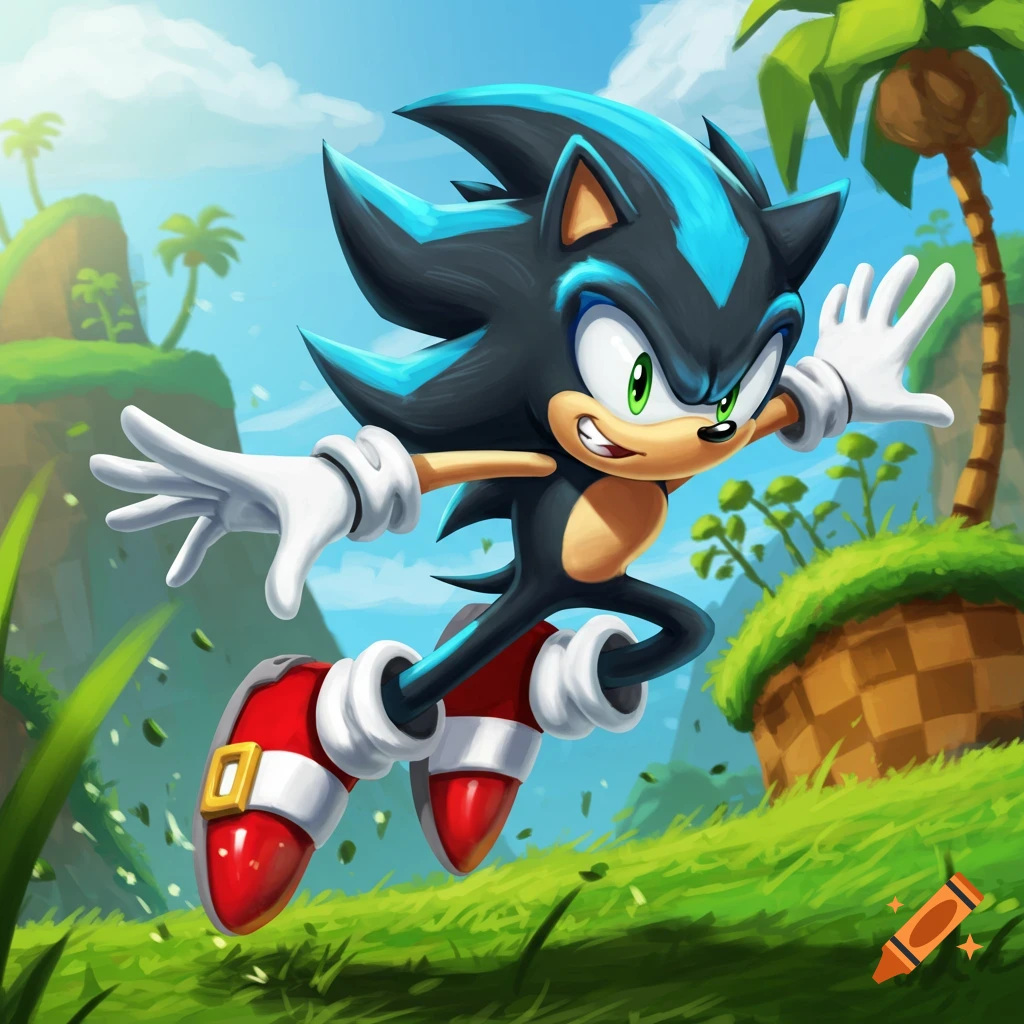 A black and blue Sonic-like character is shown running through a grassy ...