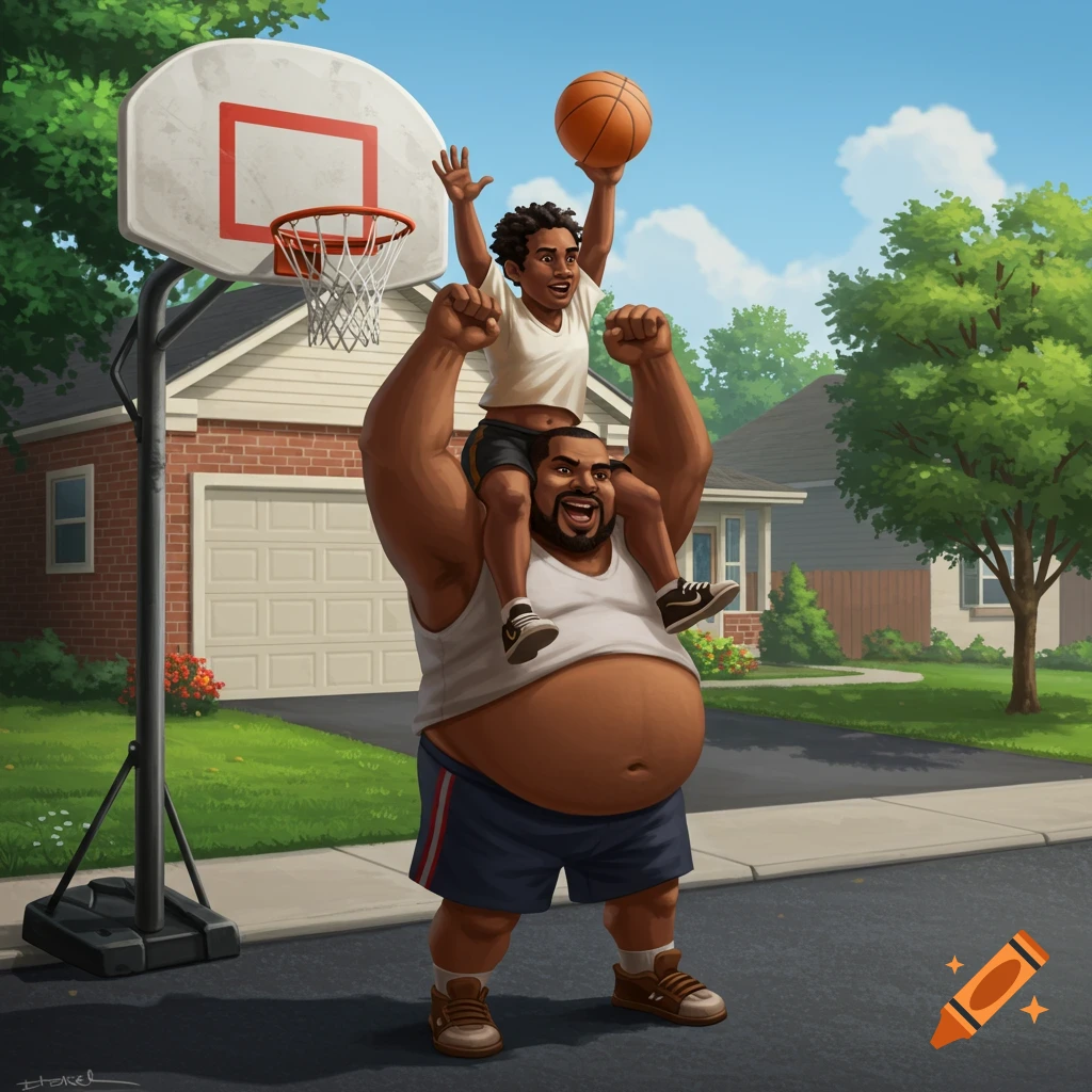 American home driveway with basketball hoop, brown-skinned man lifting ...