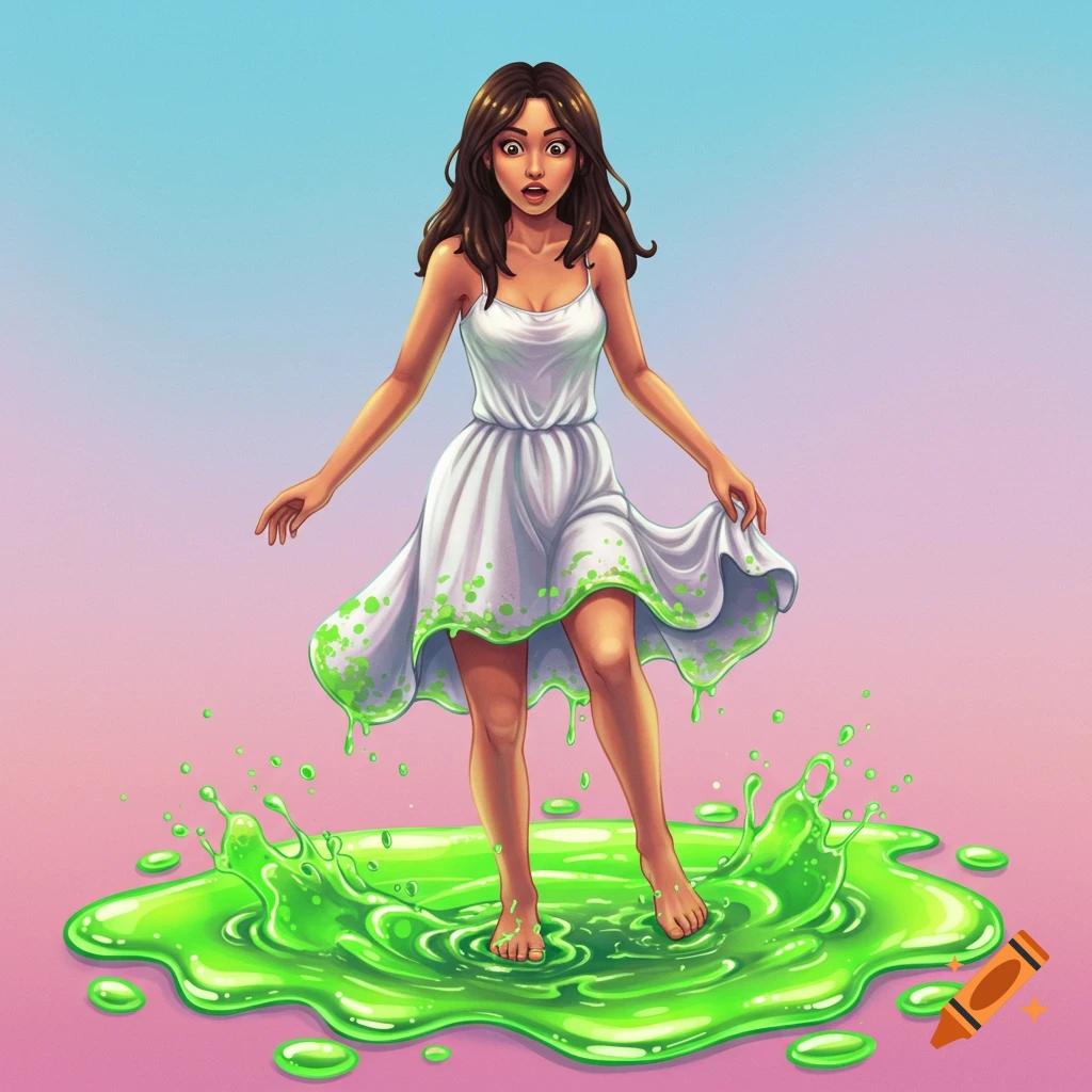 A surprised barefoot woman in a white dress stepping in green slime. on ...