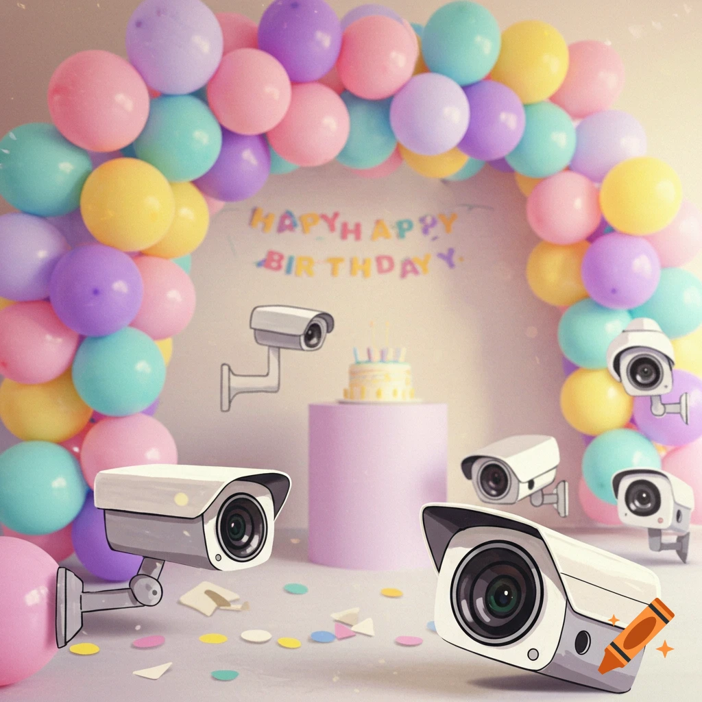 Party themed with CCTV camera and 2D styrofoam cameras on Craiyon
