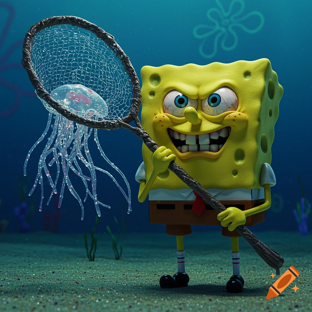 A menacing Spongebob Squarepants holds a net with a jellyfish in an ...
