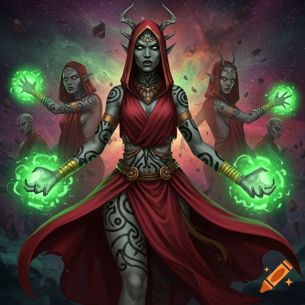 Grey-skinned woman with tattoos and red robes wielding green power on ...