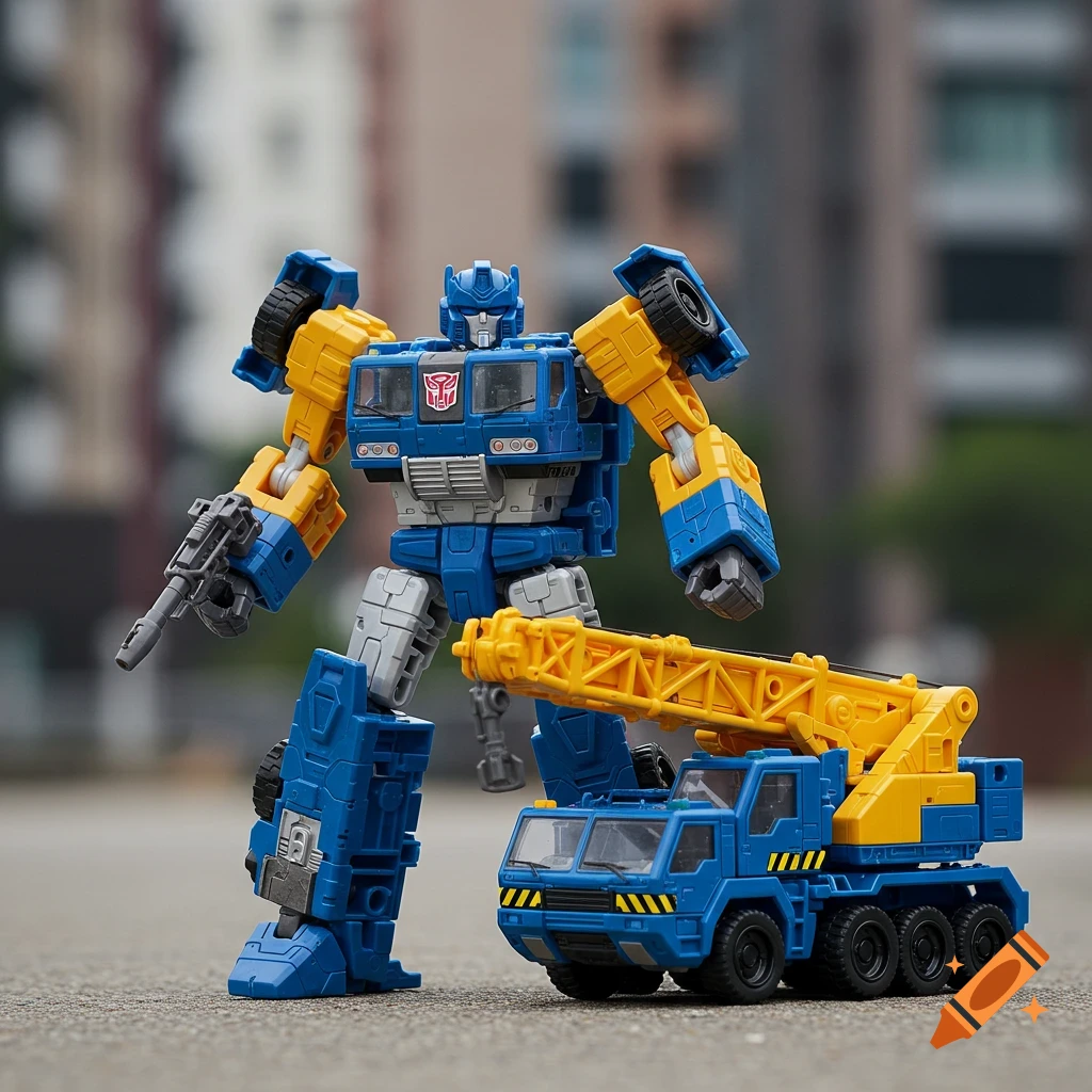 Blue and yellow Transformers robot standing next to a matching crane ...