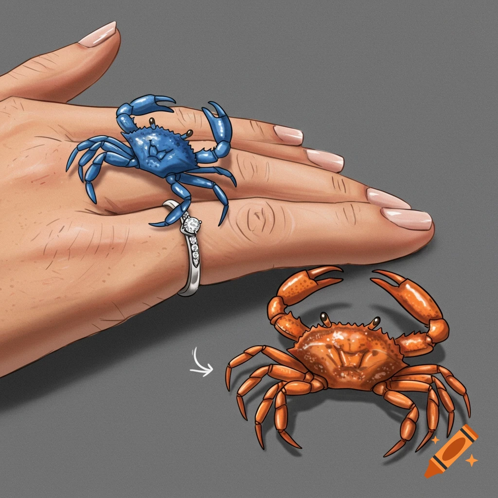 Illustration of a hand with a blue crab ring, with an arrow pointing to ...