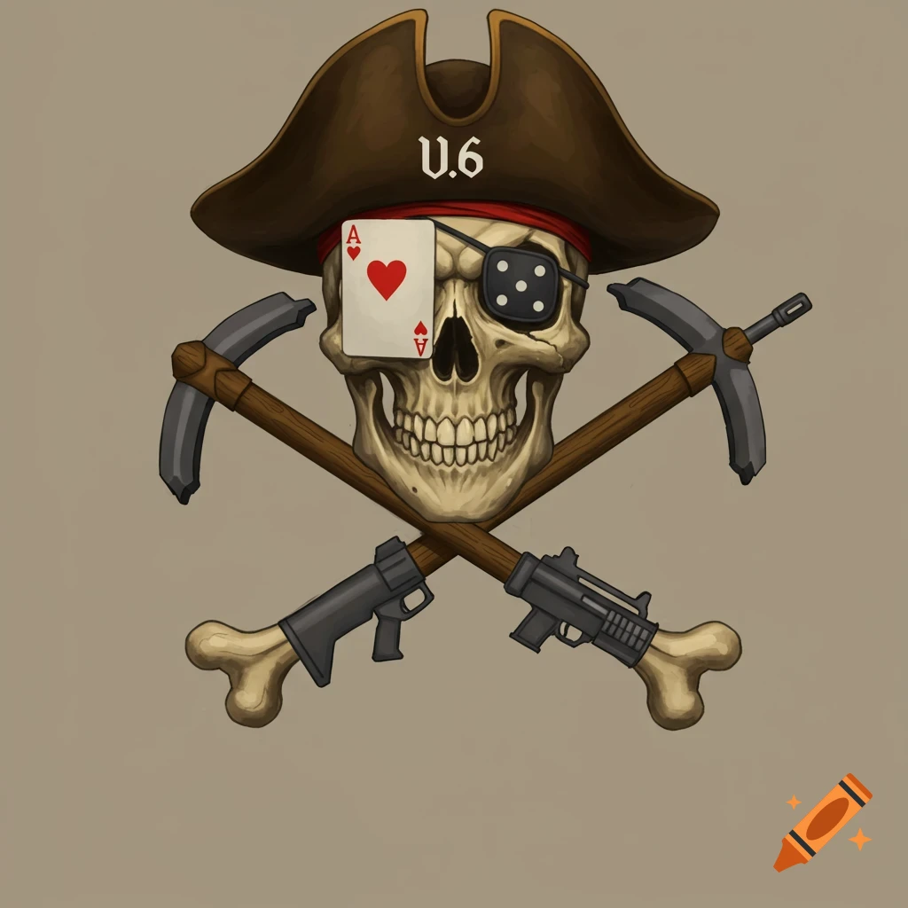 Pirate skull with Ace of Hearts eyepatch, die, Minecraft pickaxe, M16 ...