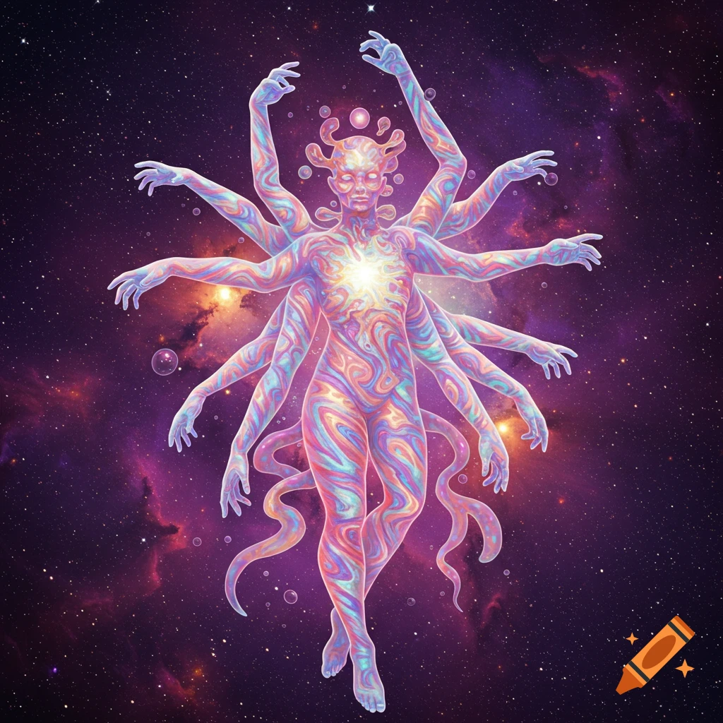 A goddess made of colorful stained glass floats in space, surrounded by vibrant planets and a ...