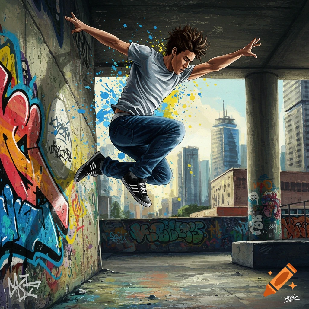 A person doing parkour over graffiti in an urban setting. on Craiyon