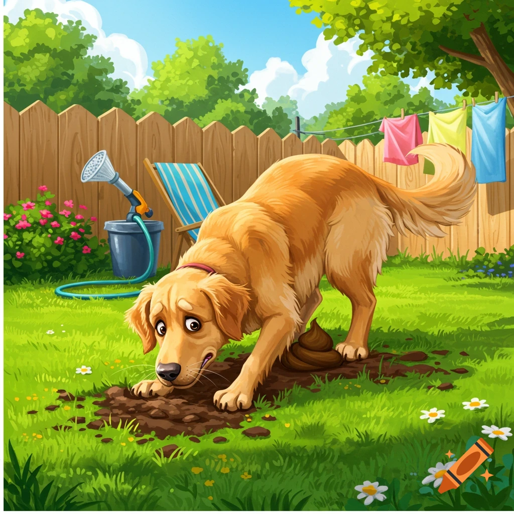 A golden retriever looking at its poop in a backyard. on Craiyon